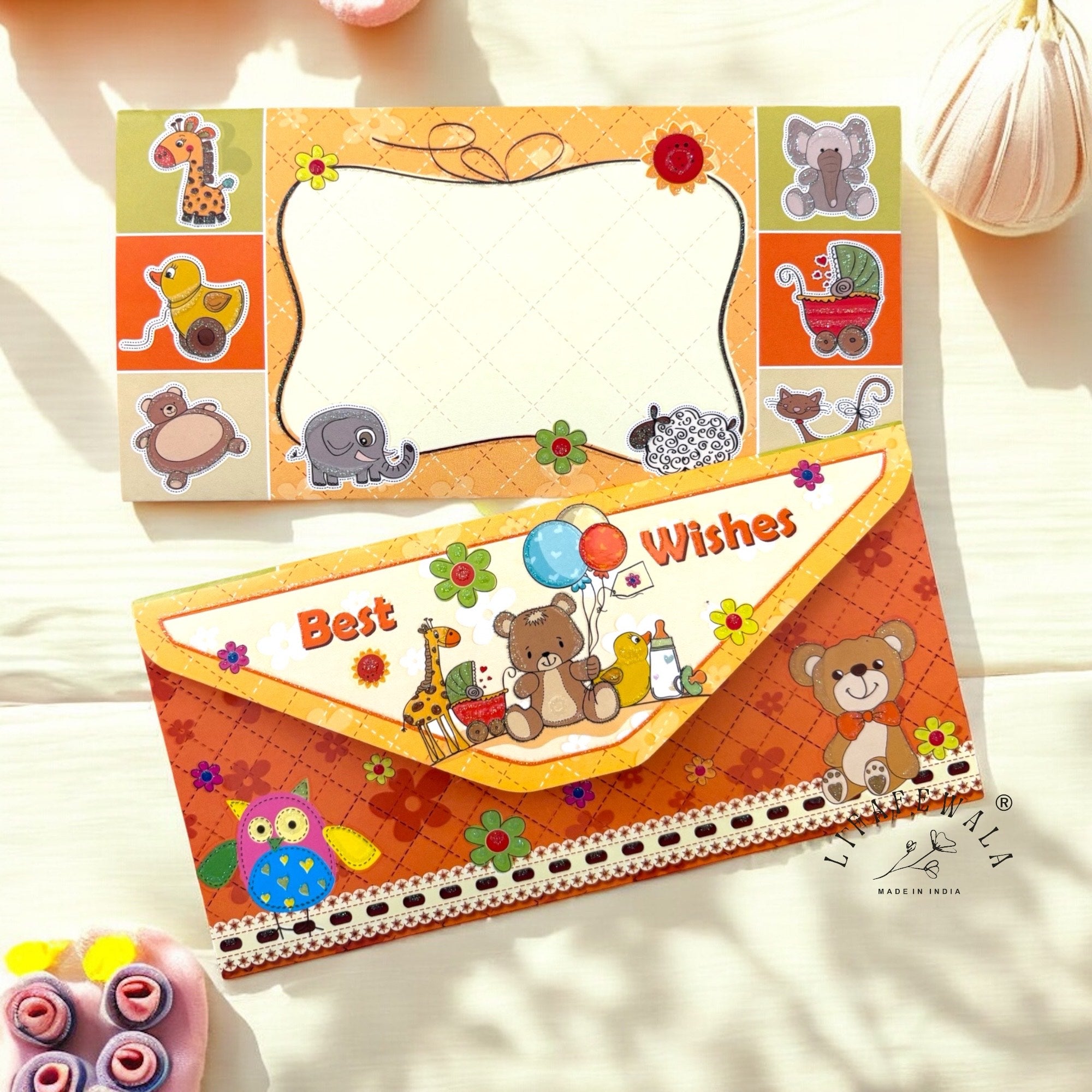 Cute Orange Kids Shagun Envelopes | LIFAFEWALA 3-Fold Design for Baby
