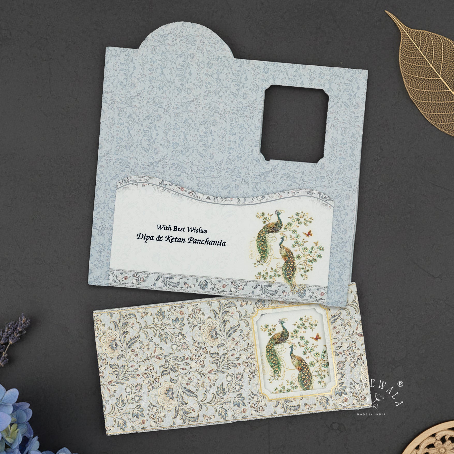 LIFAFEWALA Velvet Peacock Design Jumbo Shagun Envelopes | Gold Foil Pr
